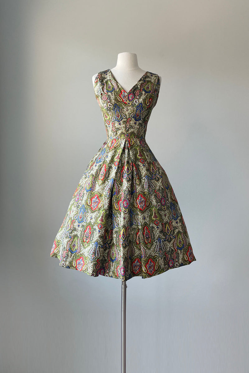 1950s Green Paisley Silk Dress by Feraud of Paris | MEDIUM – Mill Street Vintage