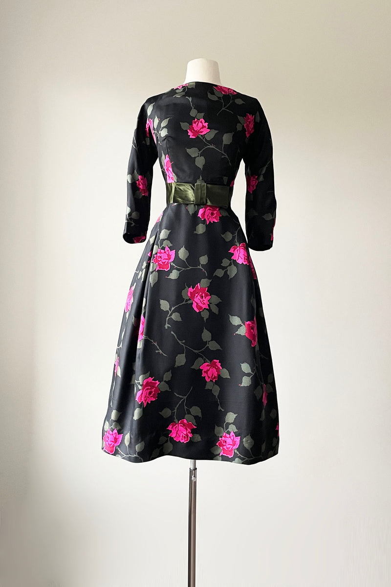 1950s Silk Rose Print Dress by Abe Schrader | MEDIUM – Mill Street Vintage