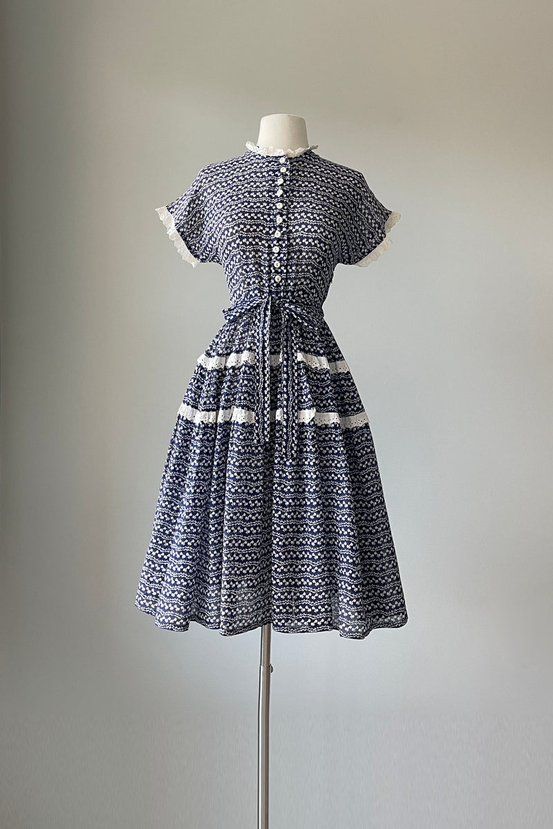 1940s Blue Floral Belted Dress by Debbie Lind | XS/S – Mill Street Vintage