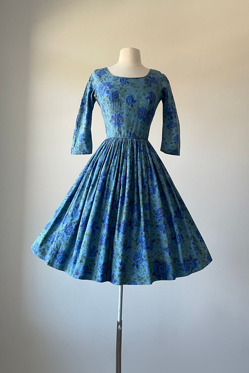 1950s Blue Rose Dress by Gini of California | XS – Mill Street Vintage