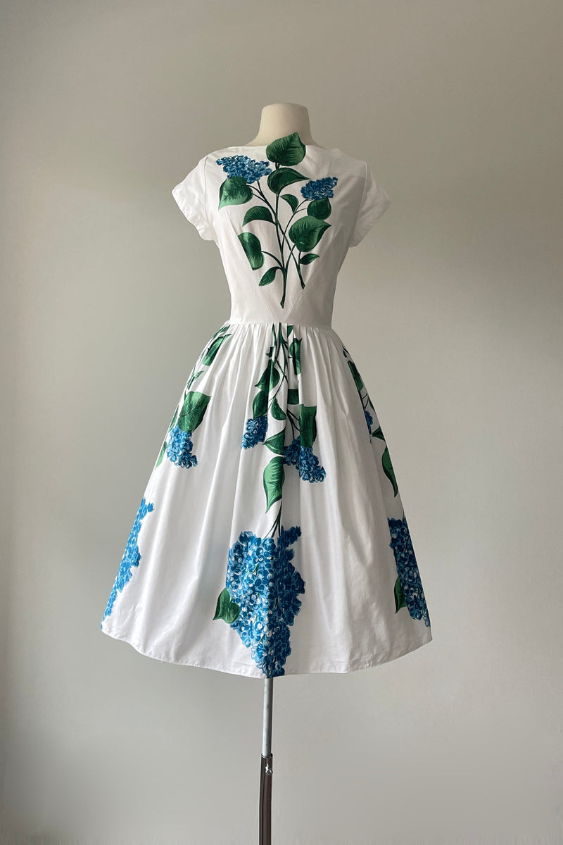 1950s White Blue Hydrangea Print Dress | LARGE – Mill Street Vintage